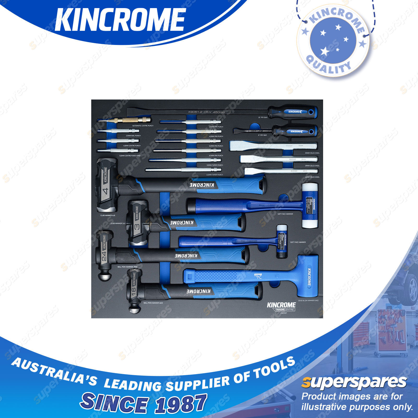 22 Pcs of Kincrome Trade Centre Striking & Prying EVA Tray Hammer Punche Chisel