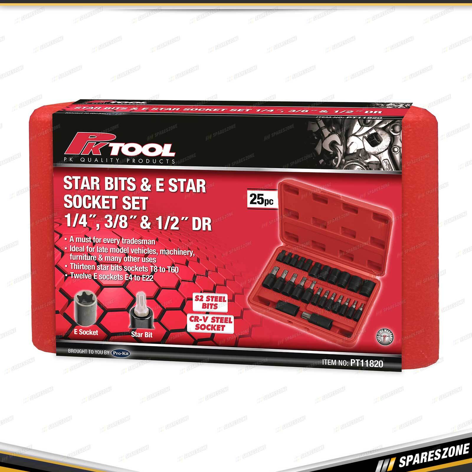 25 Pcs of PK Tool 1/4" & 3/8" & 1/2" Drive Star Socket & Bits Set - Cr-V Steel