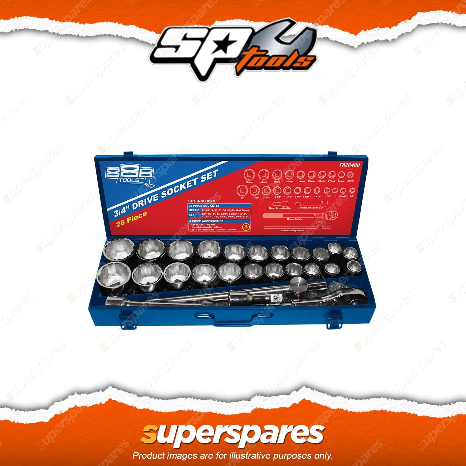 888 Series 26Pcs 3/4" Drive Socket Set - 12 Point Metric / SAE Ratchet ...