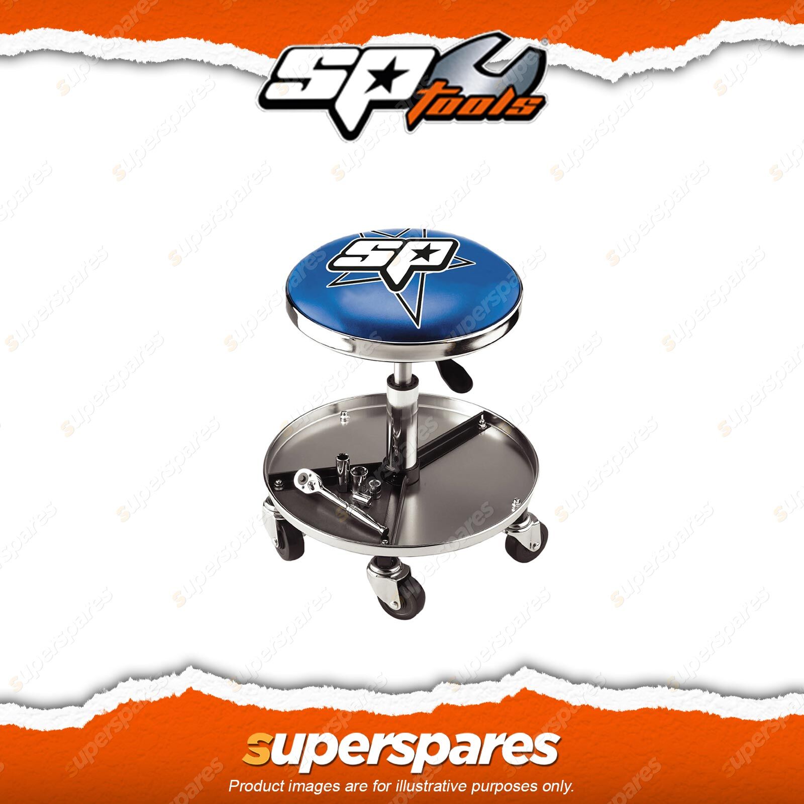 SP Tools Rolling Pneumatic Stool - Workshop Garage with 3 Section Tray