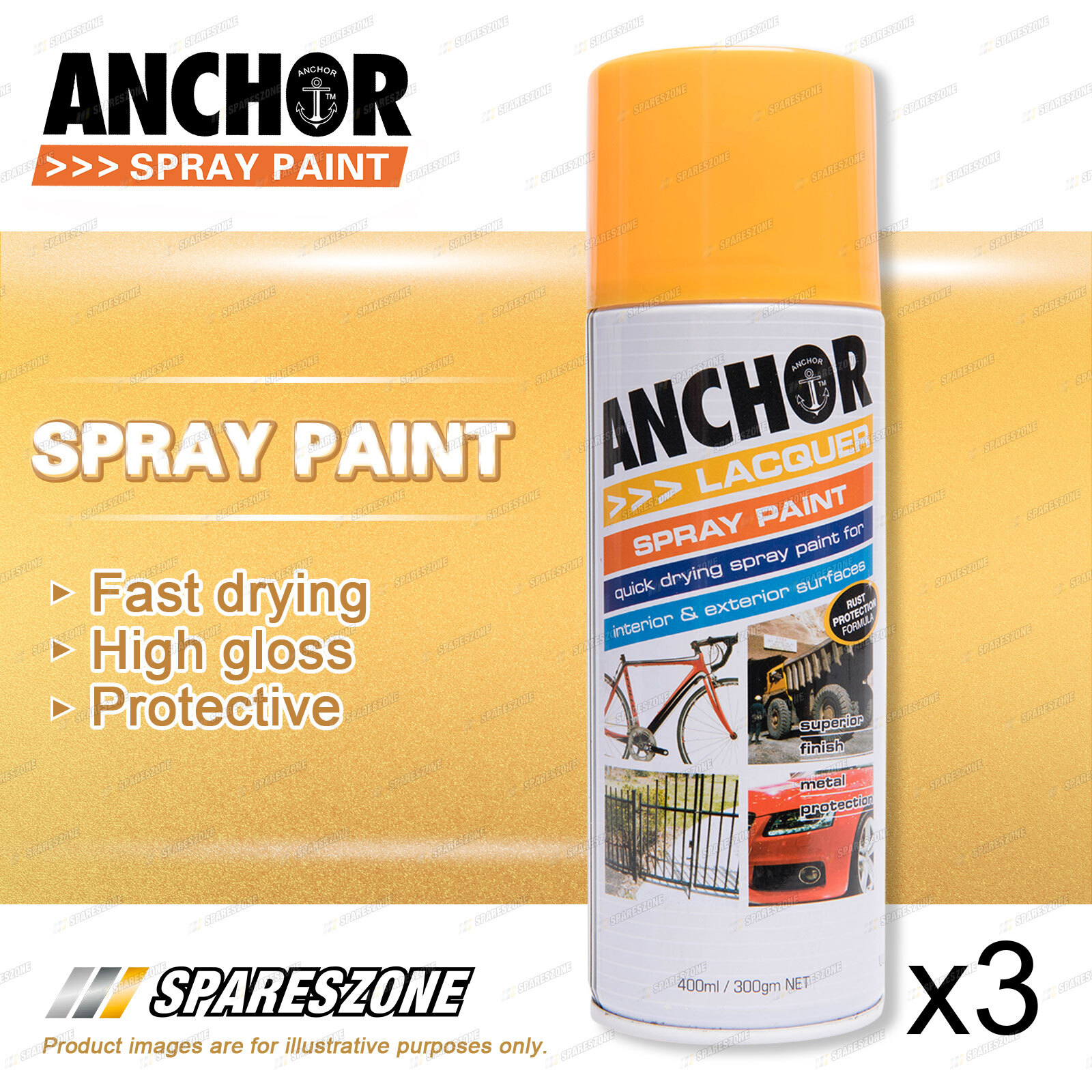 3 x Anchor Chrome Yellow Lacquer Spray Paint 300 Gram Versatile Aerosol ...