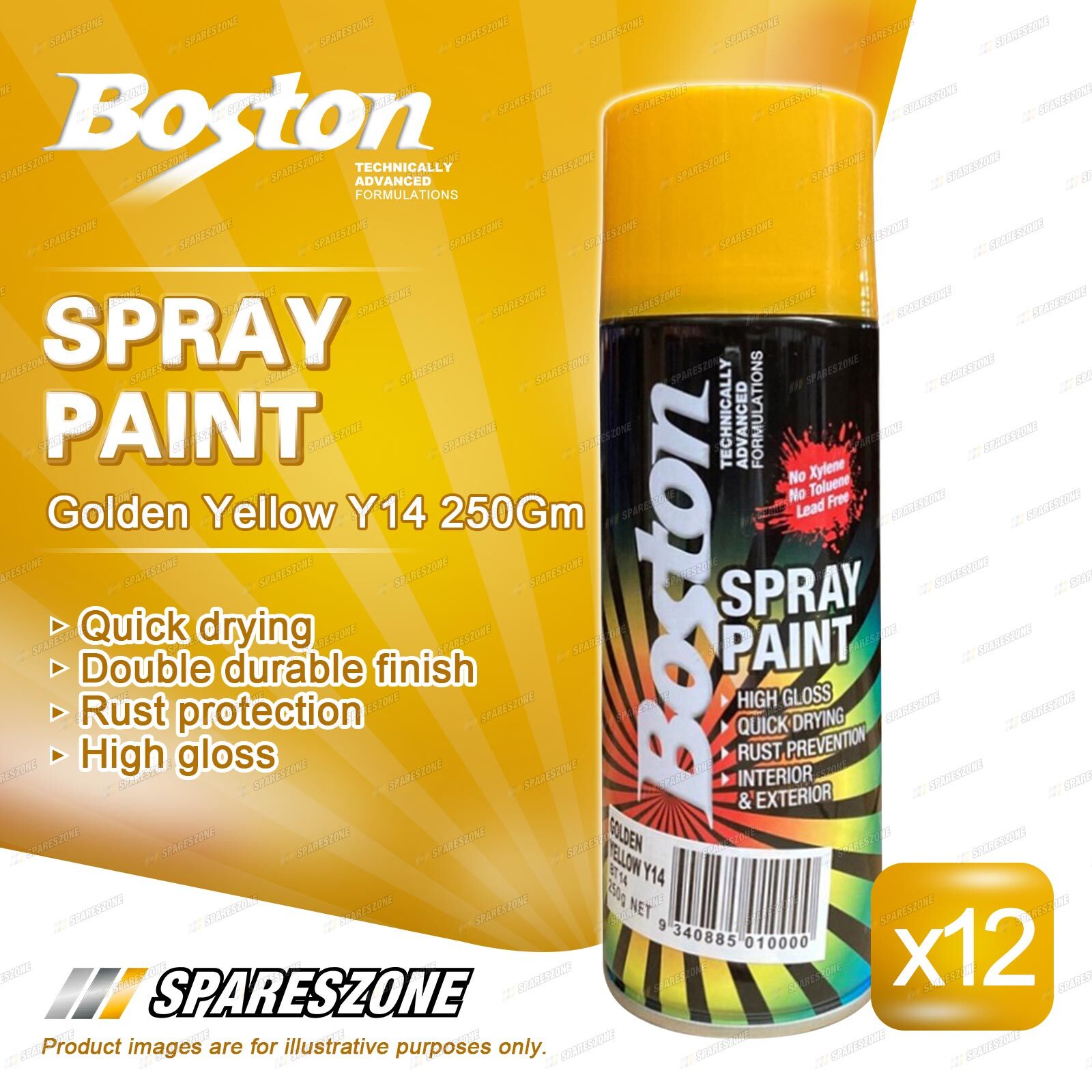 12 x Boston Vibrant Golden Yellow Y14 Enamel Spray Paints 250 Gram ...
