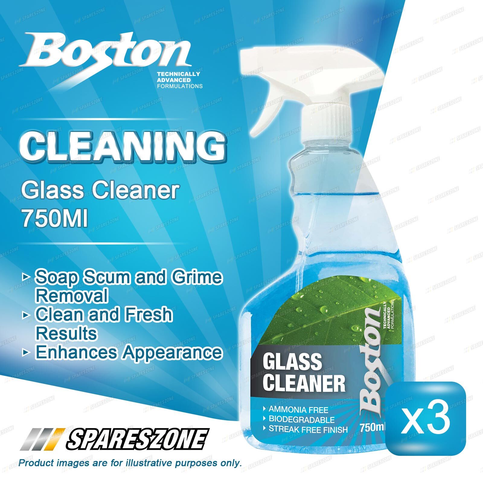 3 x Boston Glass Cleaner 750ML - for Streak-Free Cleaning of Glass Surfaces