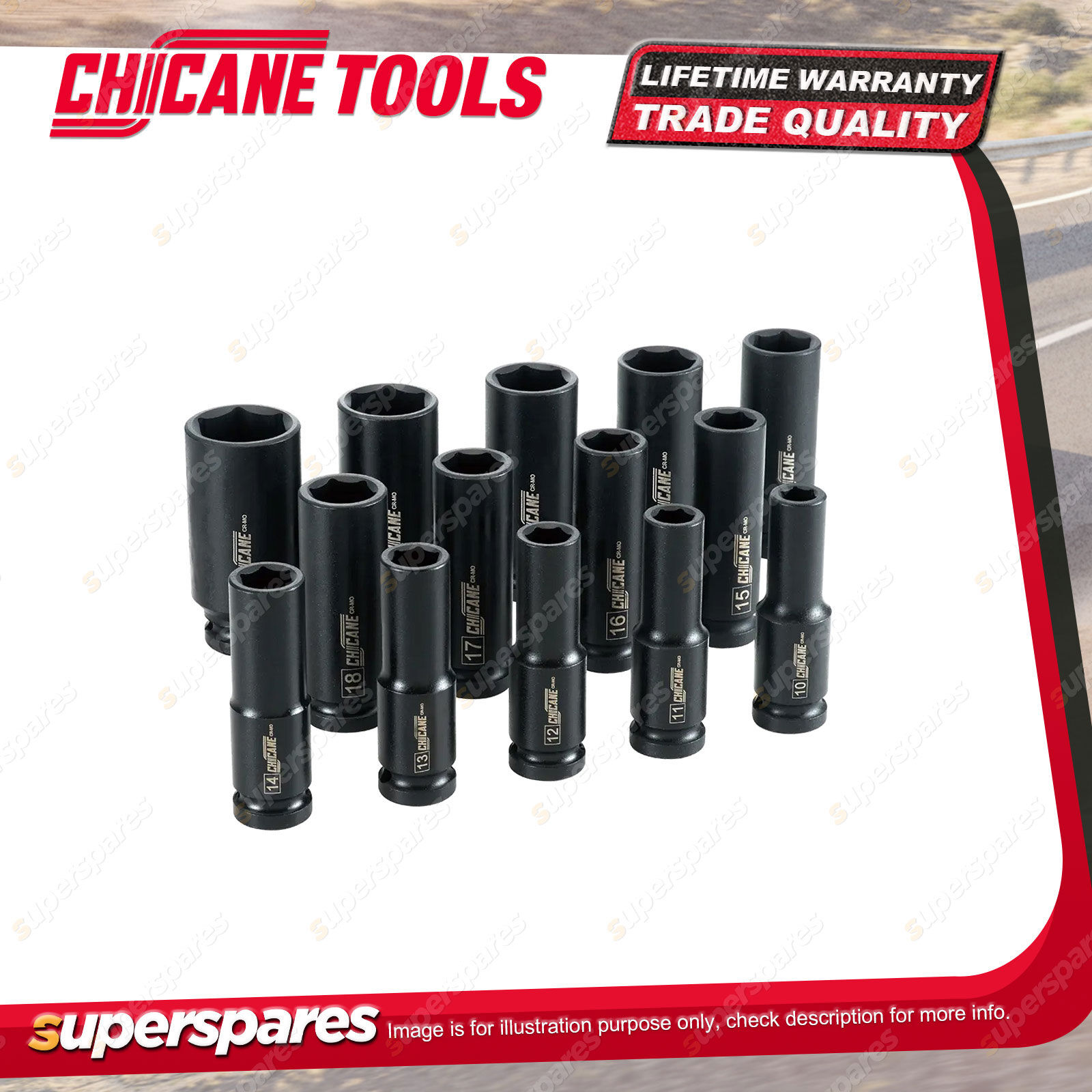 14 Pcs of Chicane 1/2" Drive 6Pt Metric Deep Impact Socket Set - Cr-Mo ...