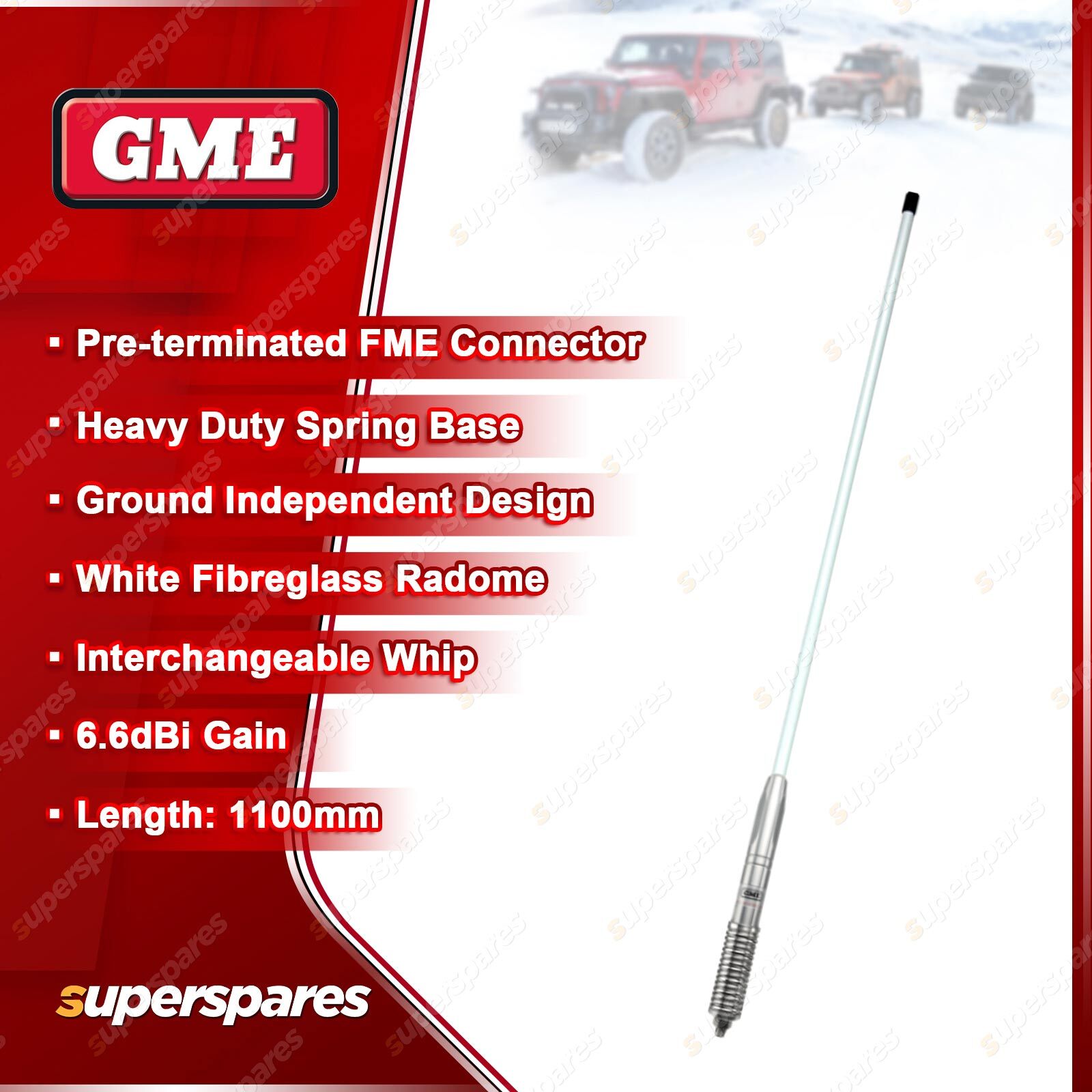 GME 1100mm 6.6DBI Gain UHF CB Antenna - White Fibreglass Radome AE4703