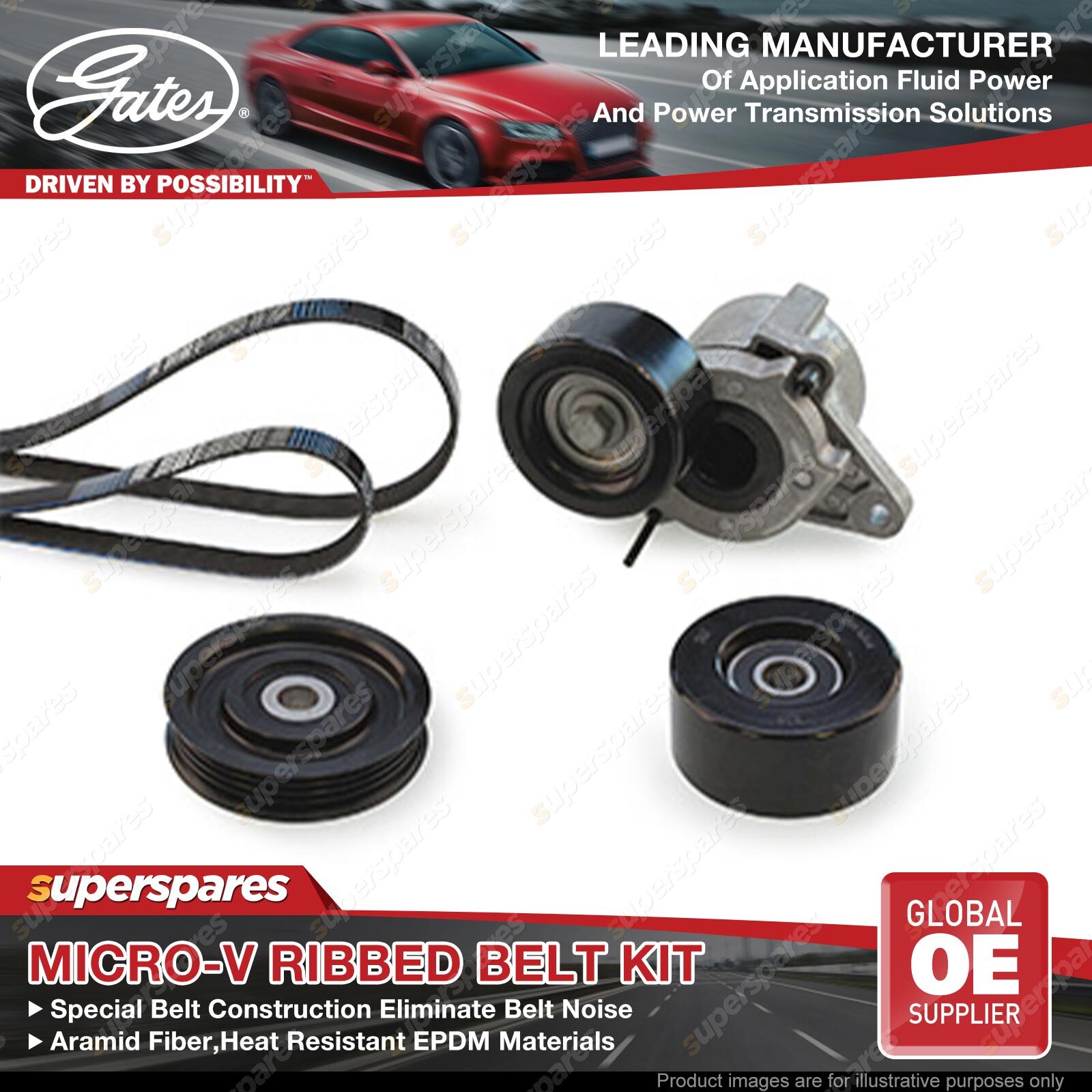 Gates Micro-V Ribbed Belt Kit for Nissan Navara D40 2.5L YD25DDTi 2010-2015