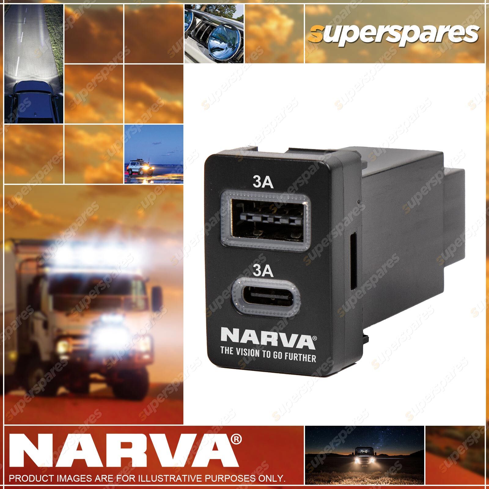 Narva 12V Illuminated USB-C Port for Toyota Prado 150 Landcruiser 200 ...