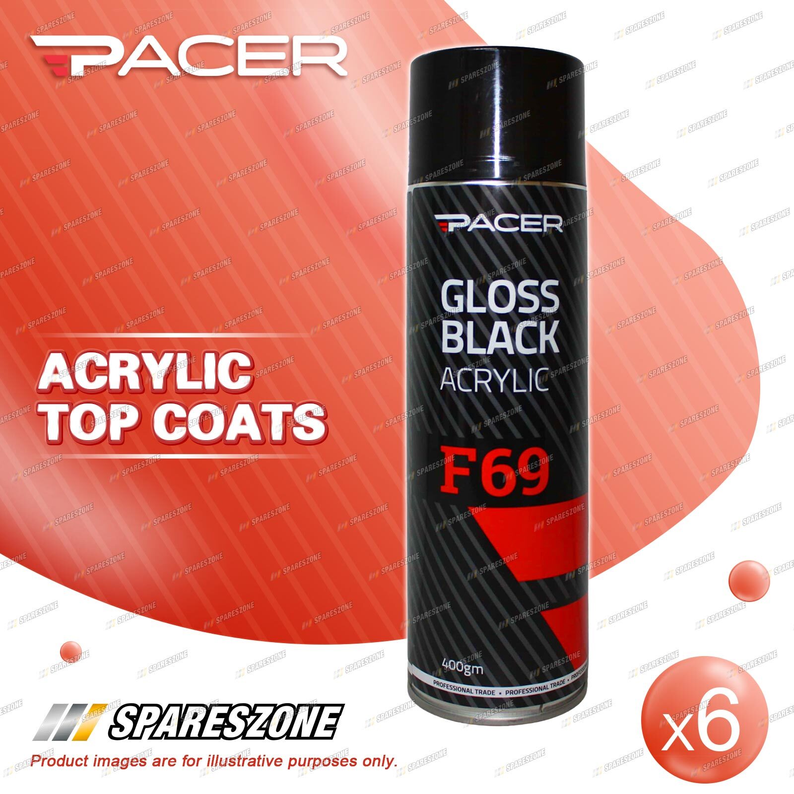 6 x Pacer F69 Gloss Black Acrylic 400Gram Aerosol Special UV Absorbing ...