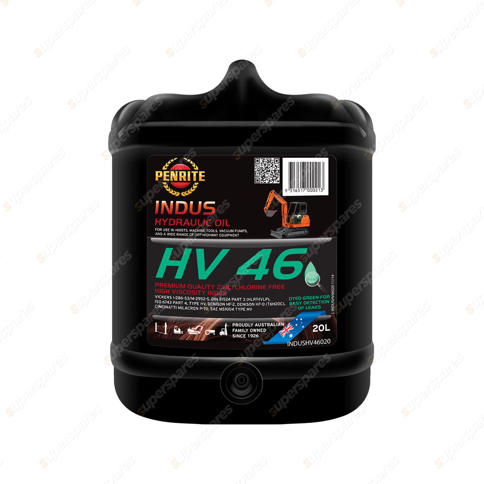 Penrite Indus HV 46 High Viscosity Index Hydraulic Oil 20L INDUSHV46020
