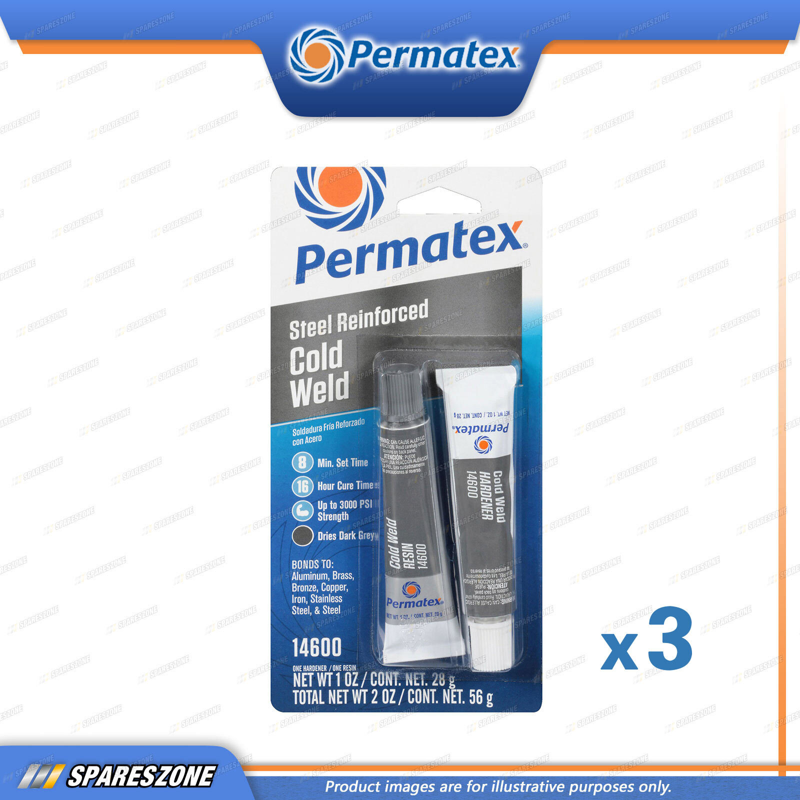 3 x Permatex Steel Reinforced Cold Weld Bonding Compound 2x29ML Dries ...