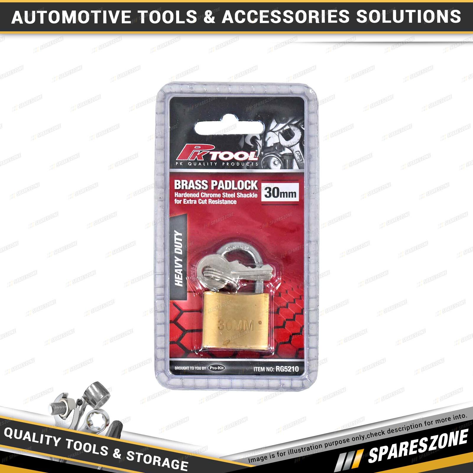 PK Tool 30mm Brass Padlock - Two Keys with Hardened Chrome Steel Shackle