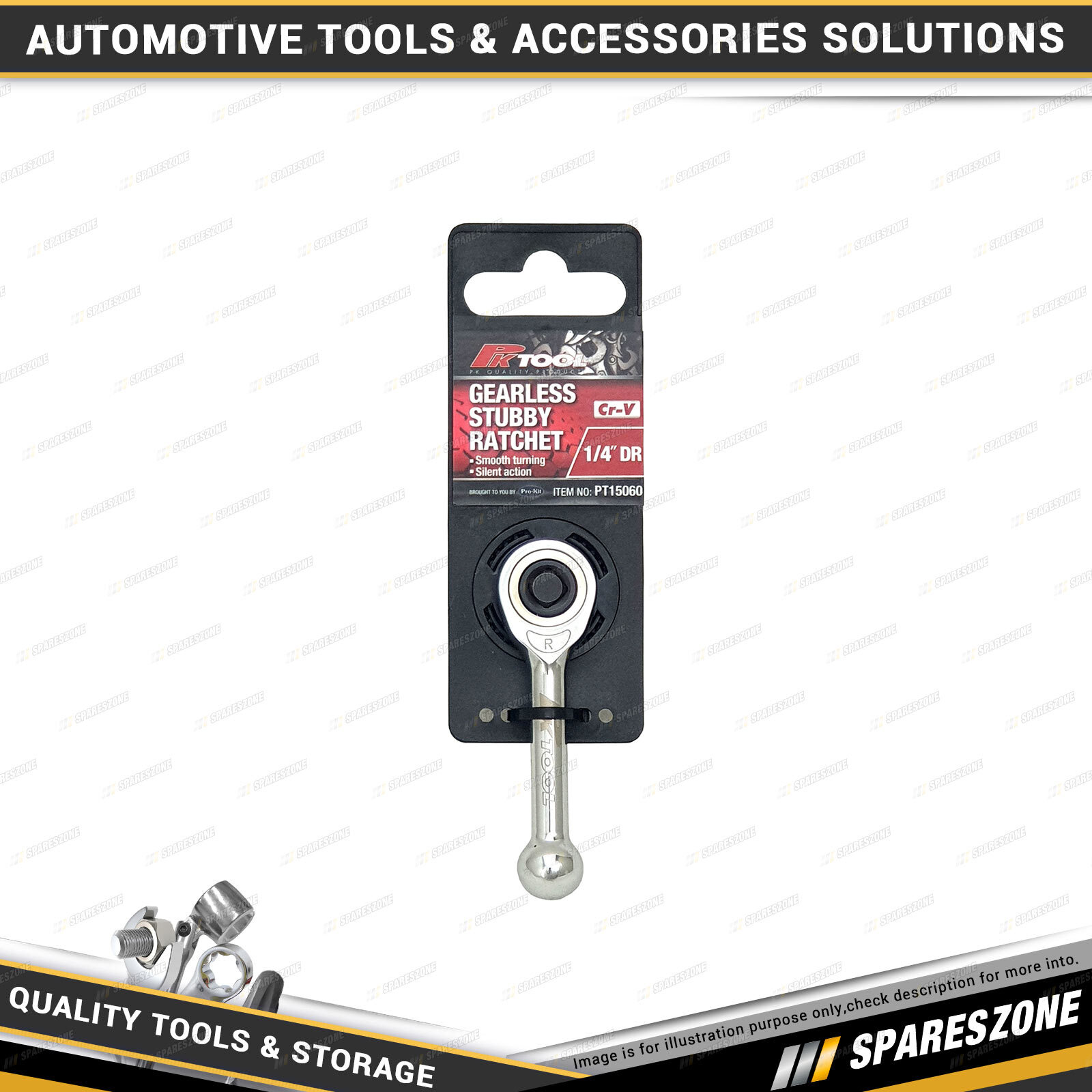 PK Tool 1/4 Inch Drive 77mm Gearless Stubby Ratchet - Smooth Turning Cr-V