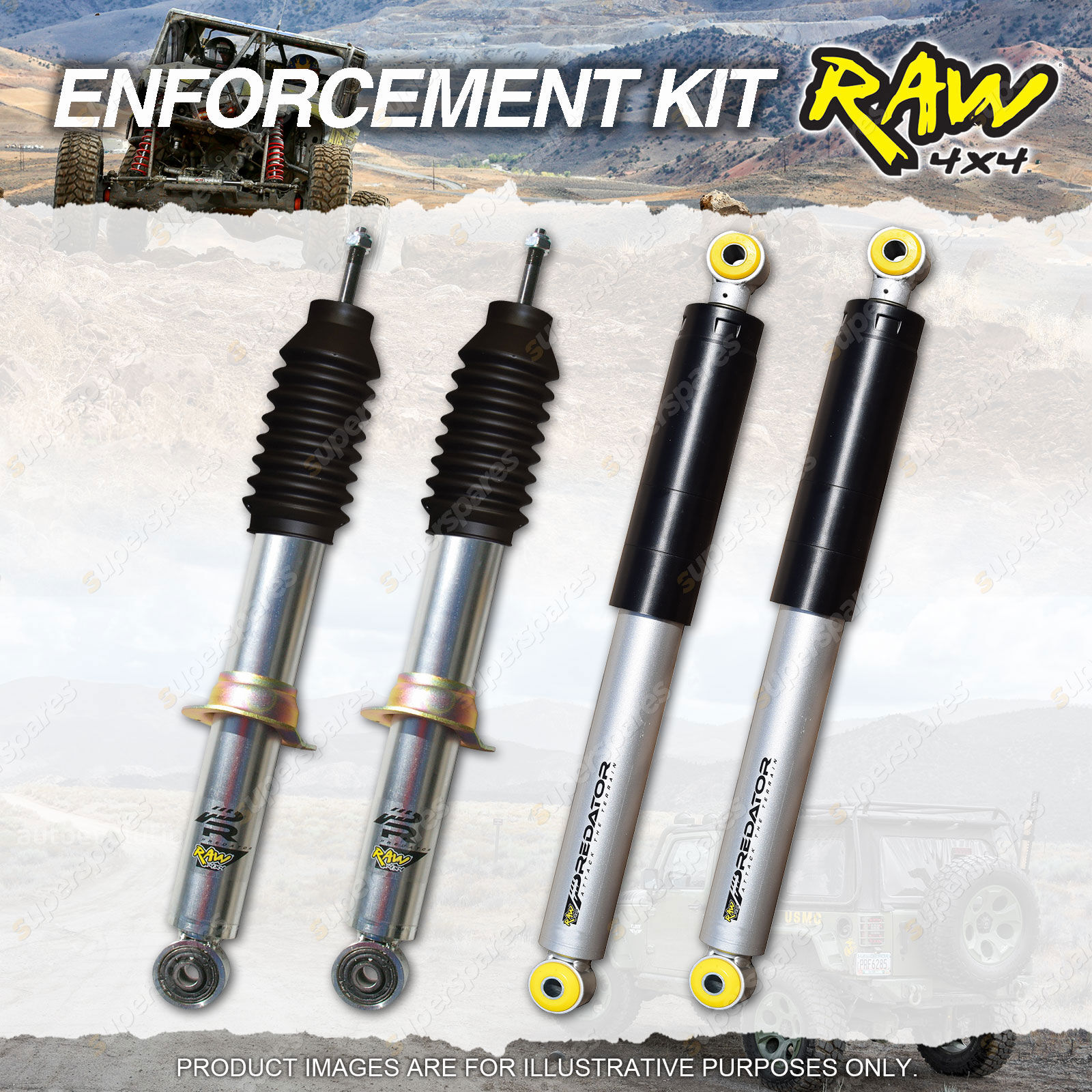 Front + Rear 40mm RAW 4x4 Predator Shock Absorbers for Holden Colorado RG