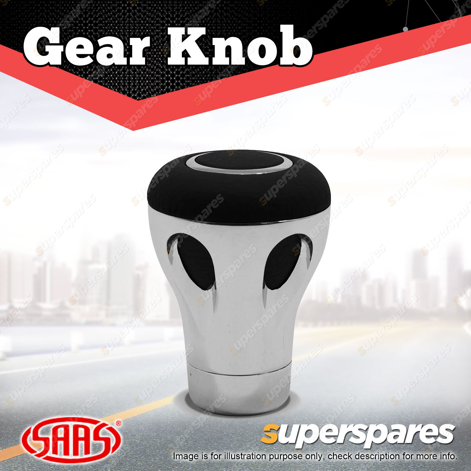 SAAS Chrome Gear Knob Shift Knob Shifter Lever - Black Leather Inserts