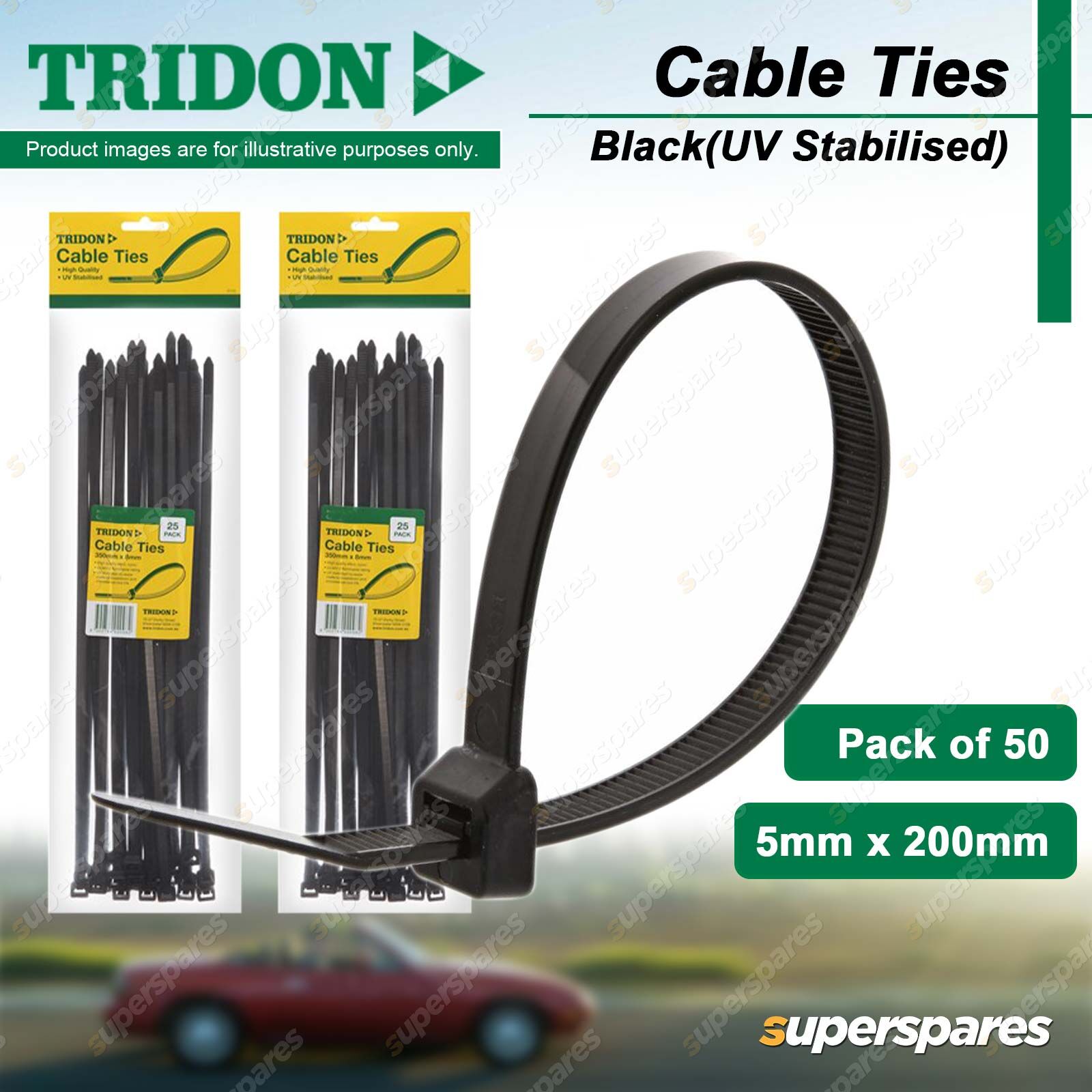 Tridon Black Cable Ties UV Stabilised 5mm x 200mm Nylon Pack of 50