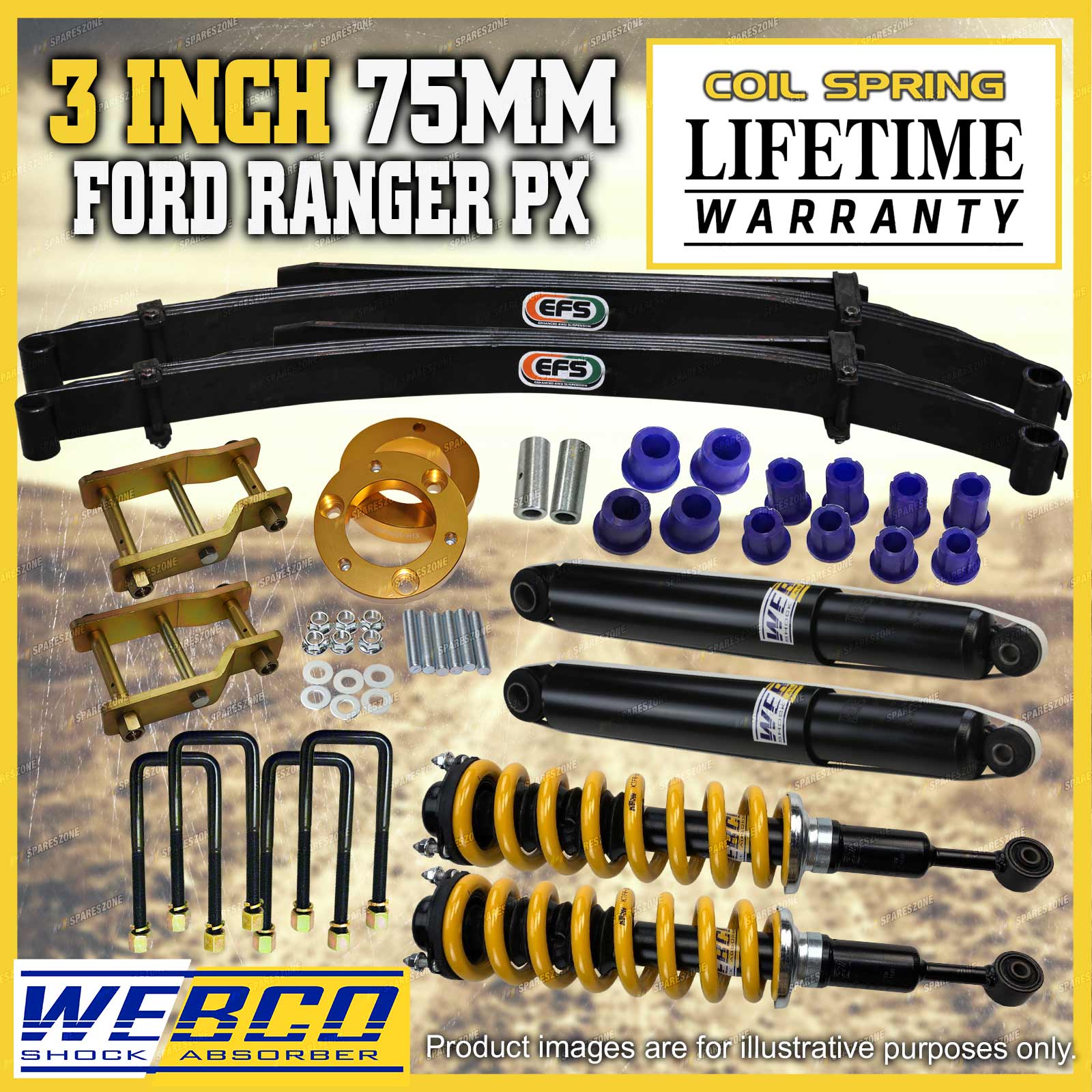 3" 75mm Pre Assembled Lift Kit Extended Shackle EFS Leaf for Ford ...